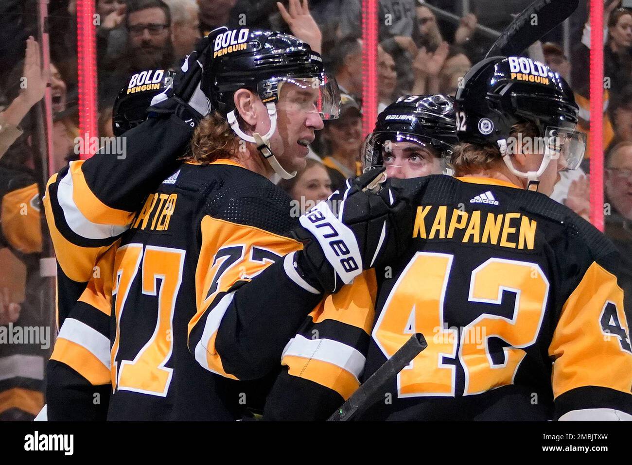 Pittsburgh Penguins' Jeff Carter (77) celebrates his goal during the ...