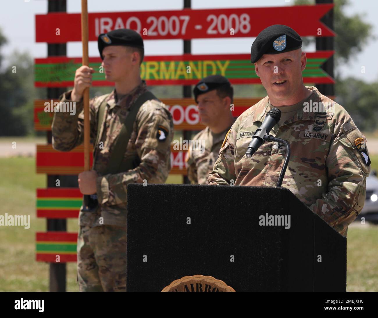 Colonel Ed Matthaidess III gives remarks during the 2nd Brigade Combat Team casing ceremony on ...
