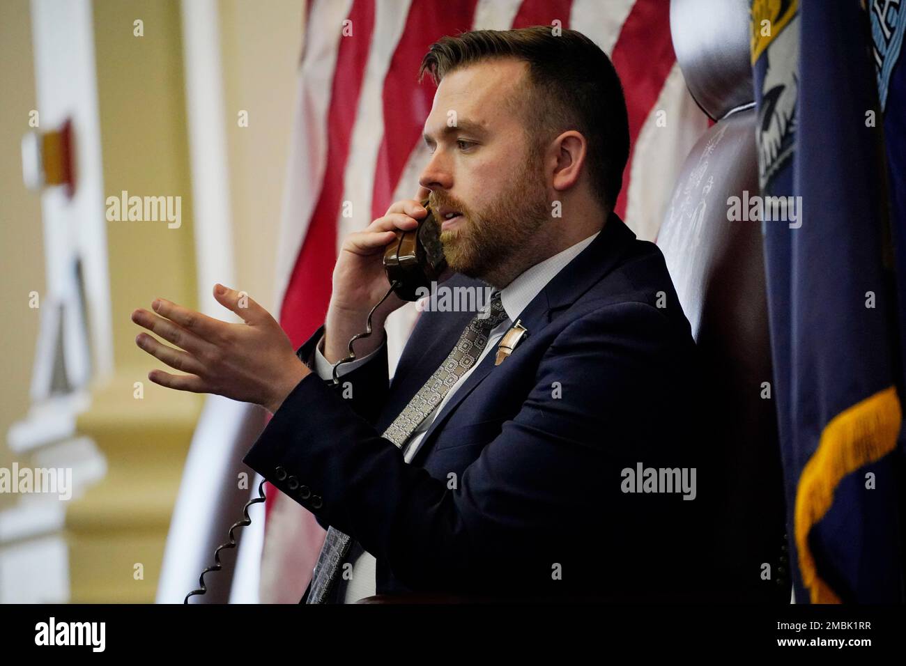 House speaker Ryan Fecteau, D-Biddeford, discusses legislative business ...