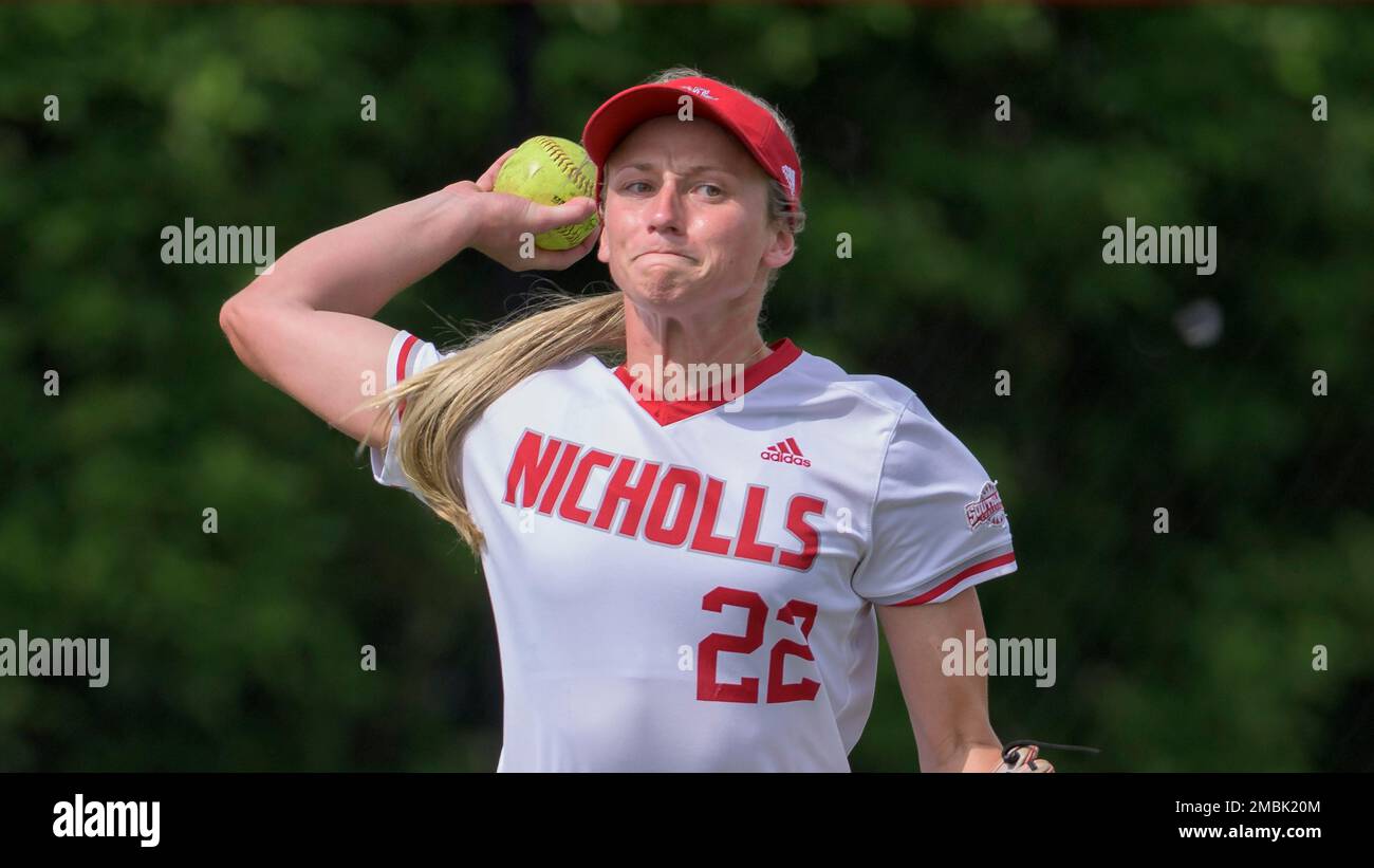 Nicholls outfielder Kennedy Hebert (22) throws during an NCAA softball ...