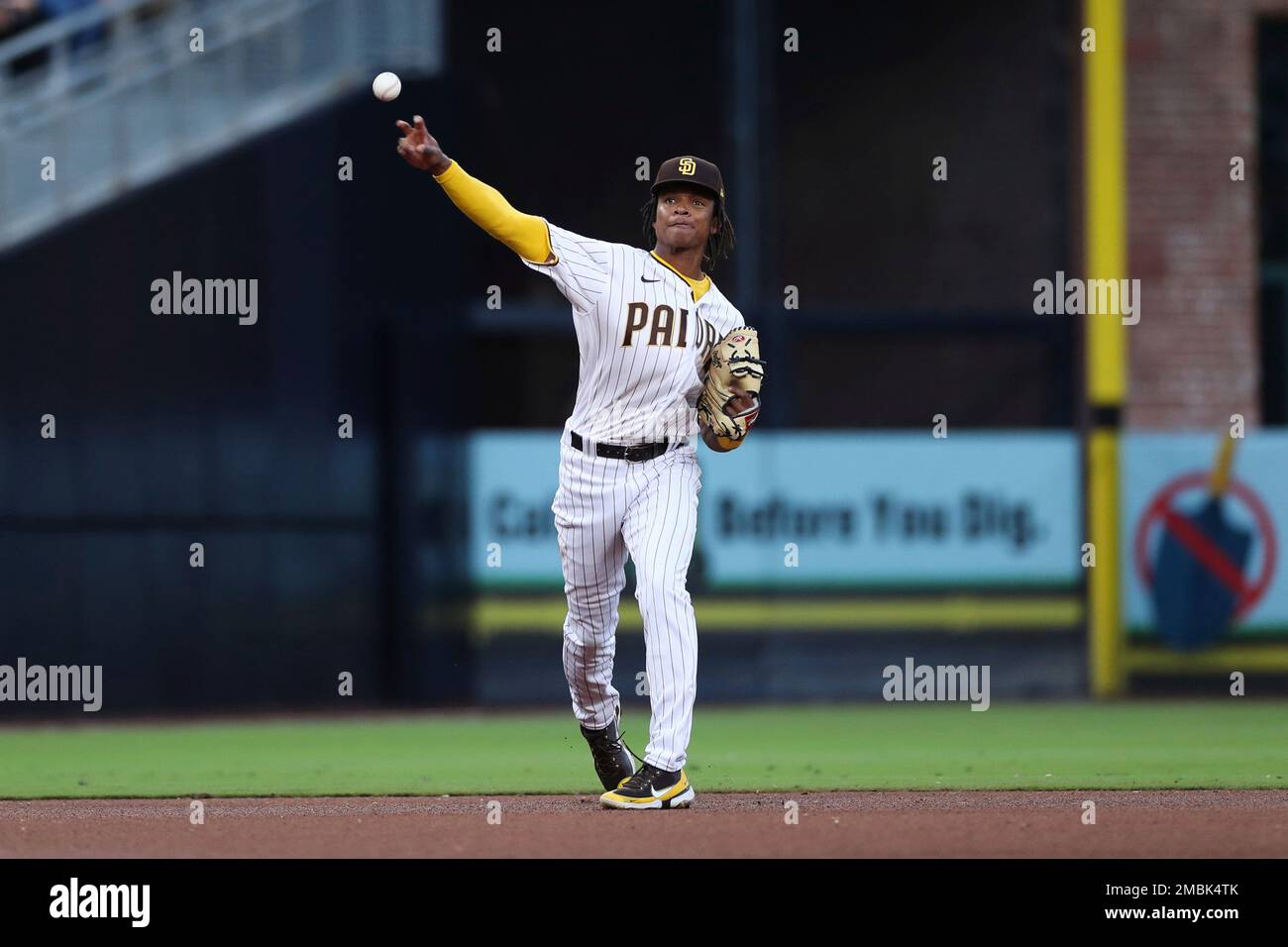 San Diego Padres shortstop C.J. Abrams throws to first during a ...