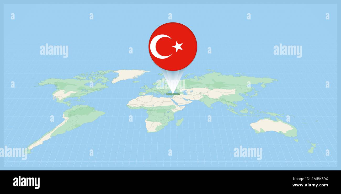 Location of Turkey on the world map, marked with Turkey flag pin. Cartographic vector ...