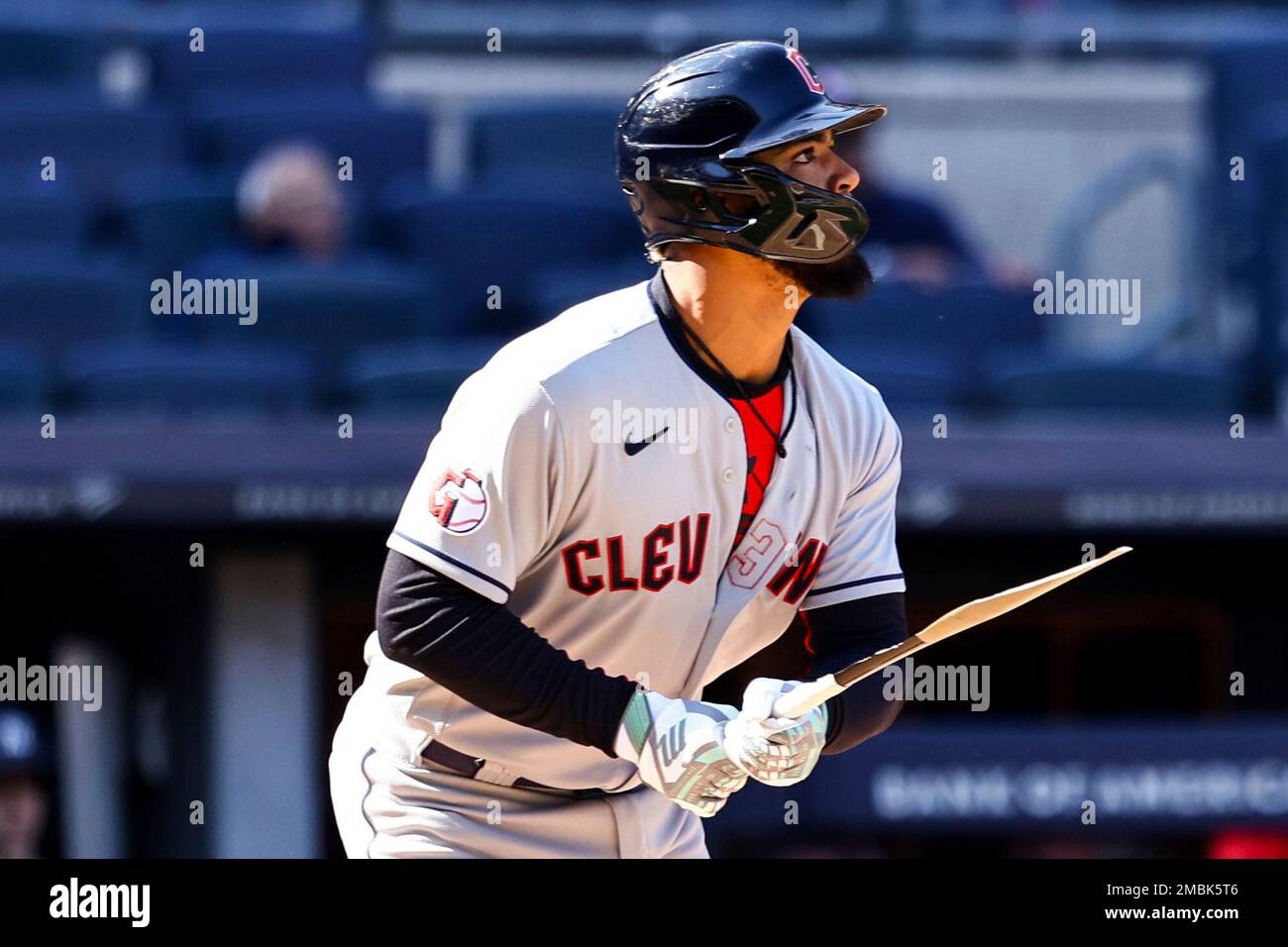 Cleveland Guardians' Bobby Bradley holds his broken bat during the ...