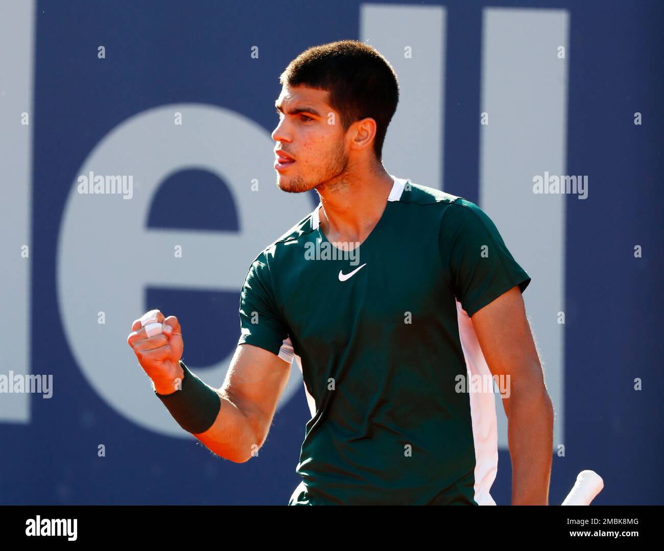 Spain's Carlos Alcaraz Pablo reacts after winning a point against Pablo ...