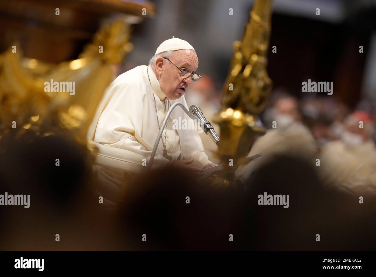 Pope Francis delivers his speech as he presides over a Mass for the ...