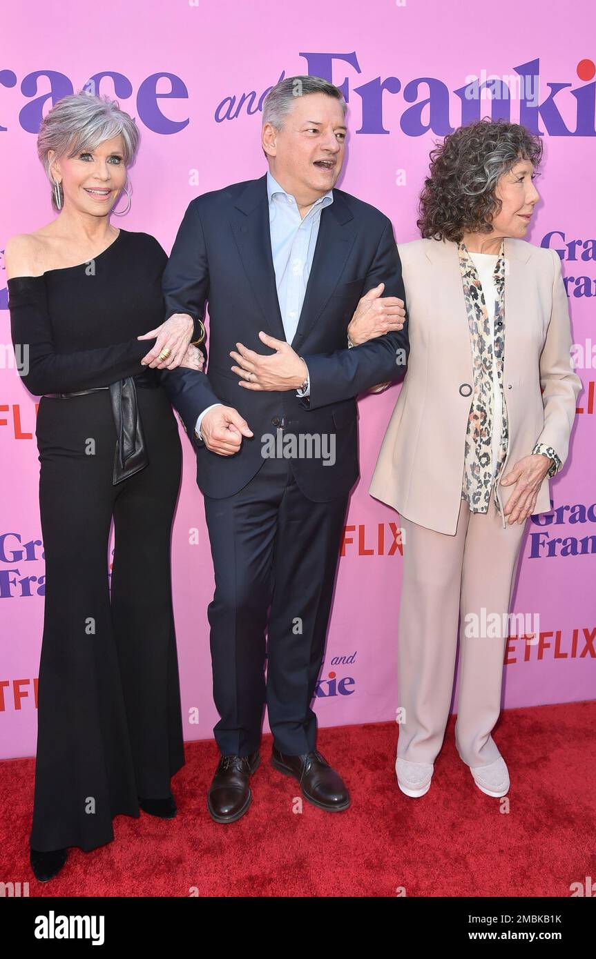 Jane Fonda, from left, Ted Sarandos and Lily Tomlin arrive at the season 7 final episodes ...