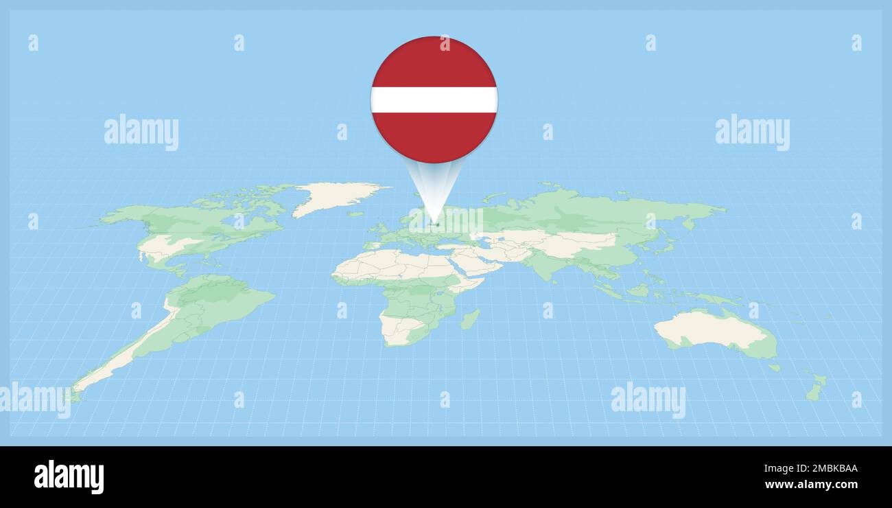 Location of Latvia on the world map, marked with Latvia flag pin. Cartographic vector ...
