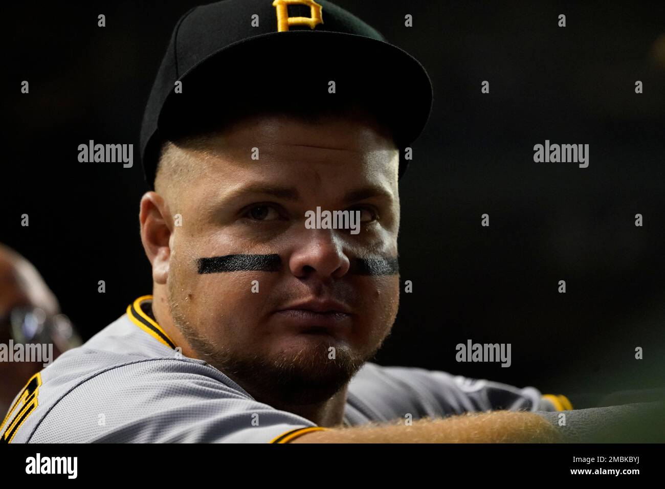 Pittsburgh Pirates' Daniel Vogelbach looks out from the dugout in a ...