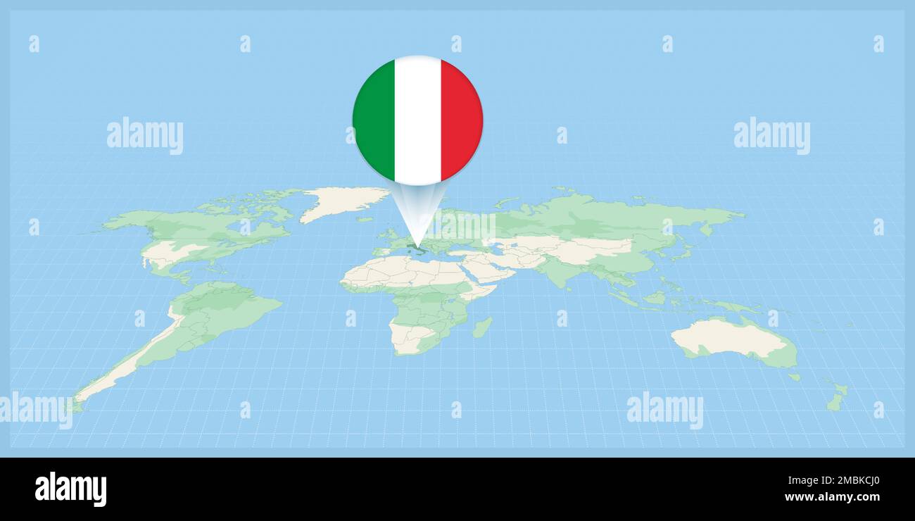 Location of Italy on the world map, marked with Italy flag pin. Cartographic vector illustration ...
