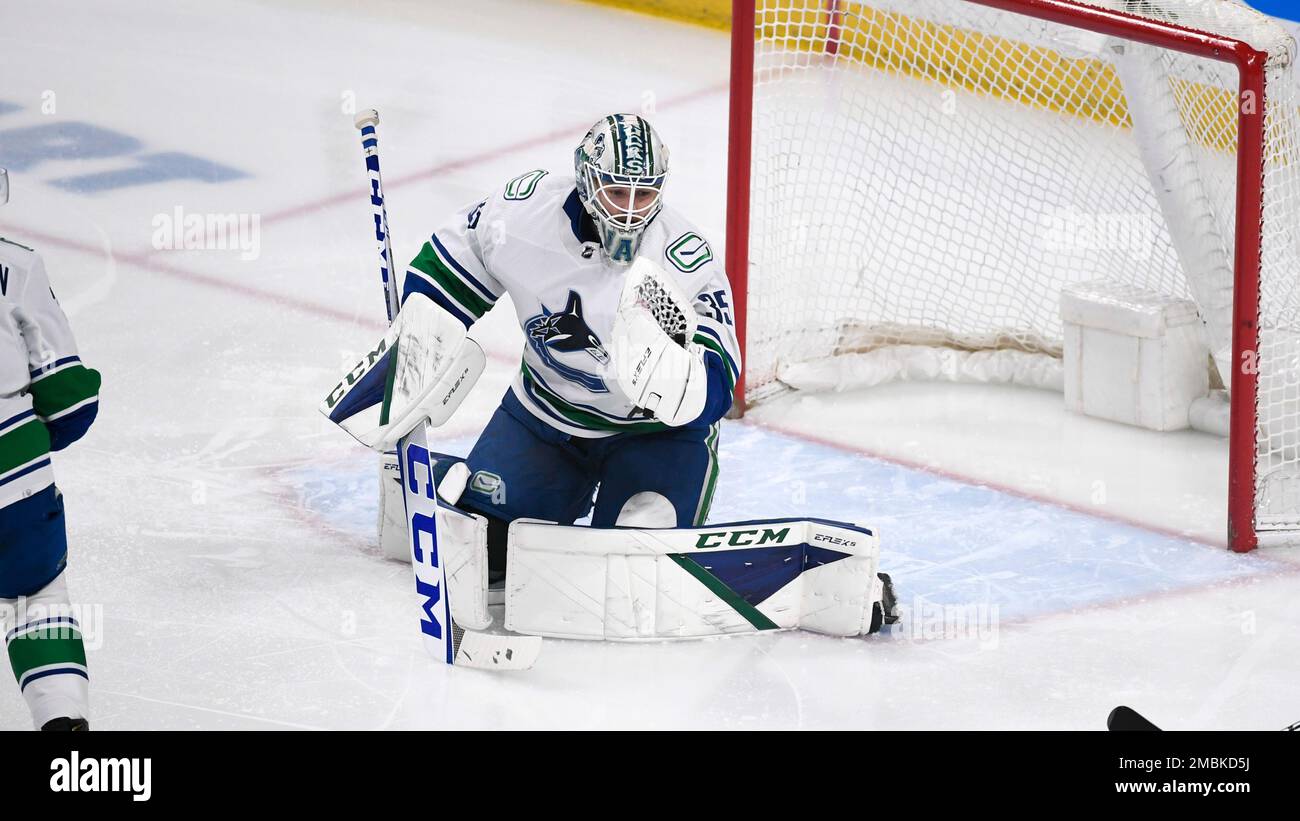 Vancouver Canucks goalie Thatcher Demko in action against the Minnesota ...