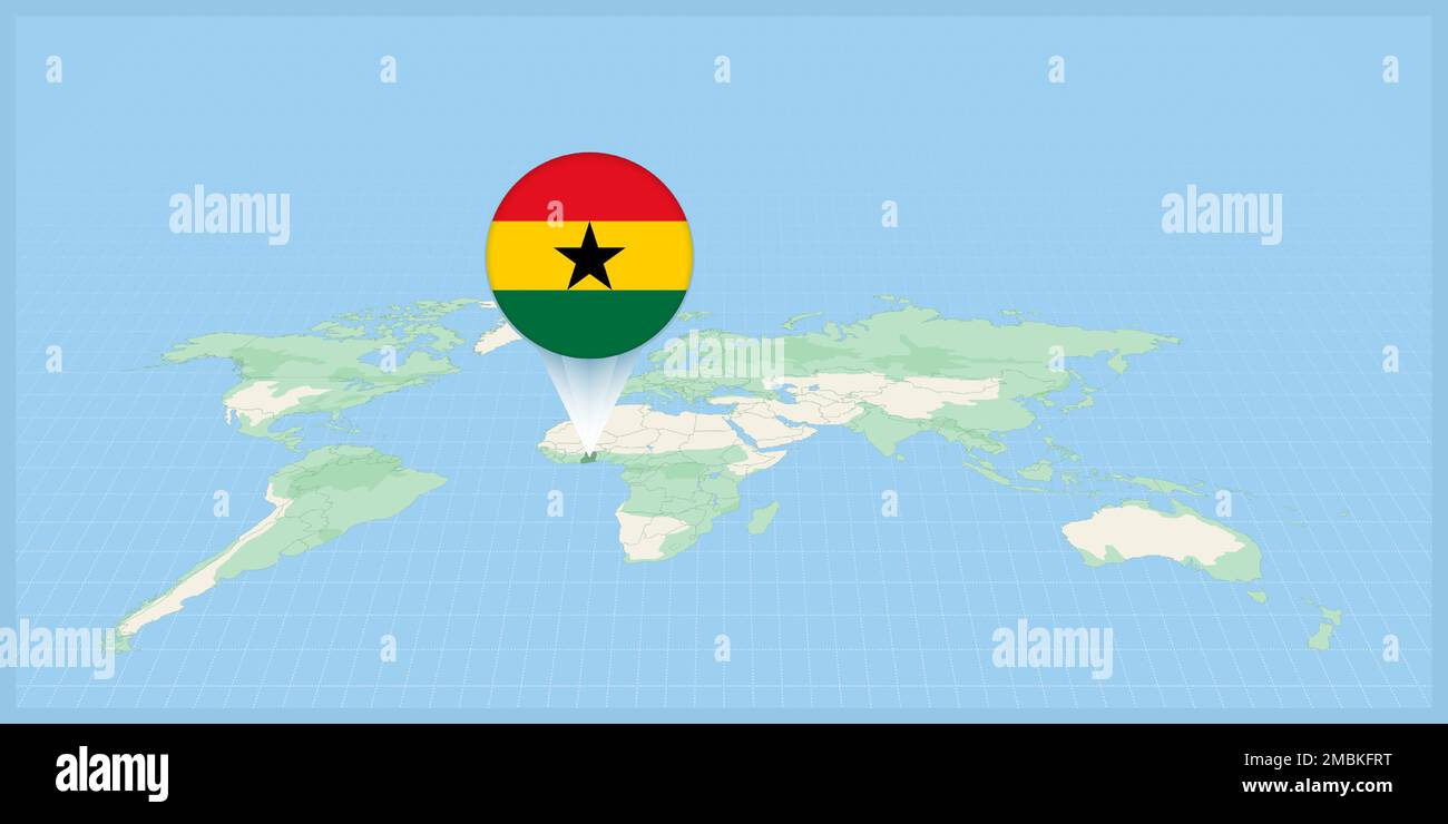Location of Ghana on the world map, marked with Ghana flag pin. Cartographic vector illustration ...