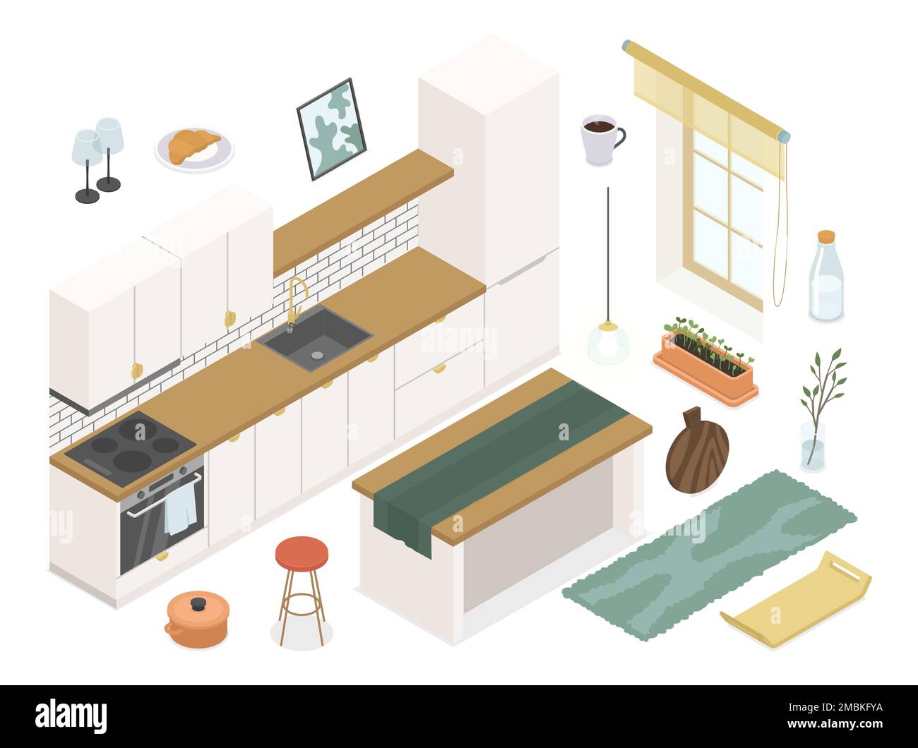 White kitchen furniture - modern vector colorful isometric ...