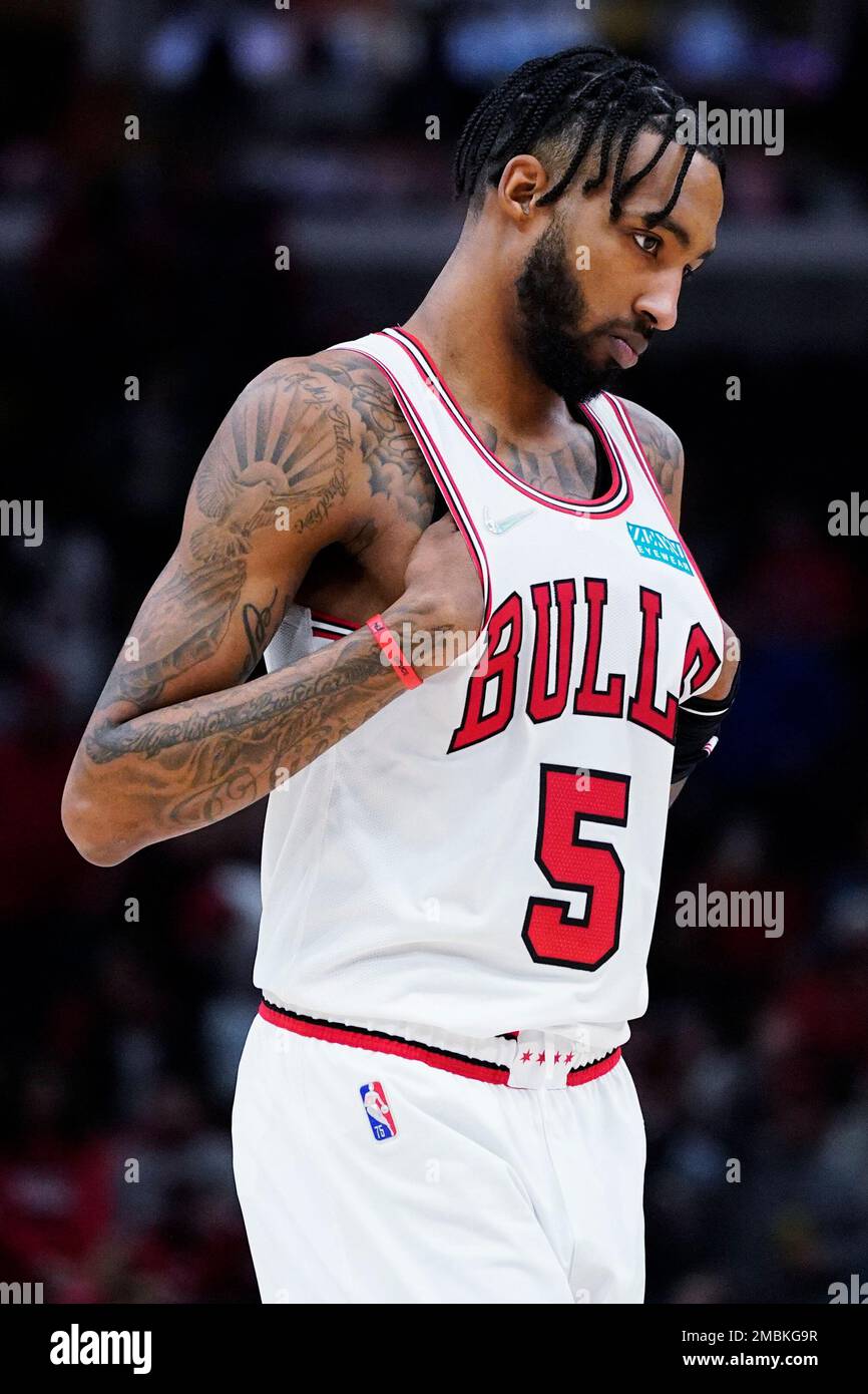 Chicago Bulls forward Derrick Jones Jr. walks on the court during the ...