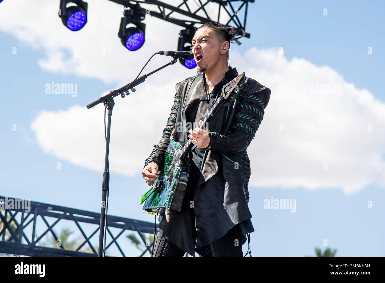 Temuulen Naranbaatar of The Hu performs at the Coachella Music & Arts Festival at the Empire ...