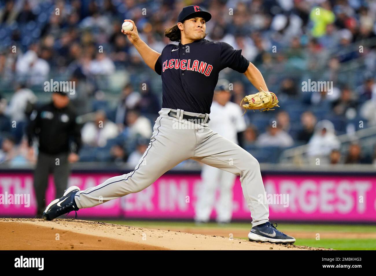 Cleveland Guardians' Eli Morgan pitches during the first inning of a ...