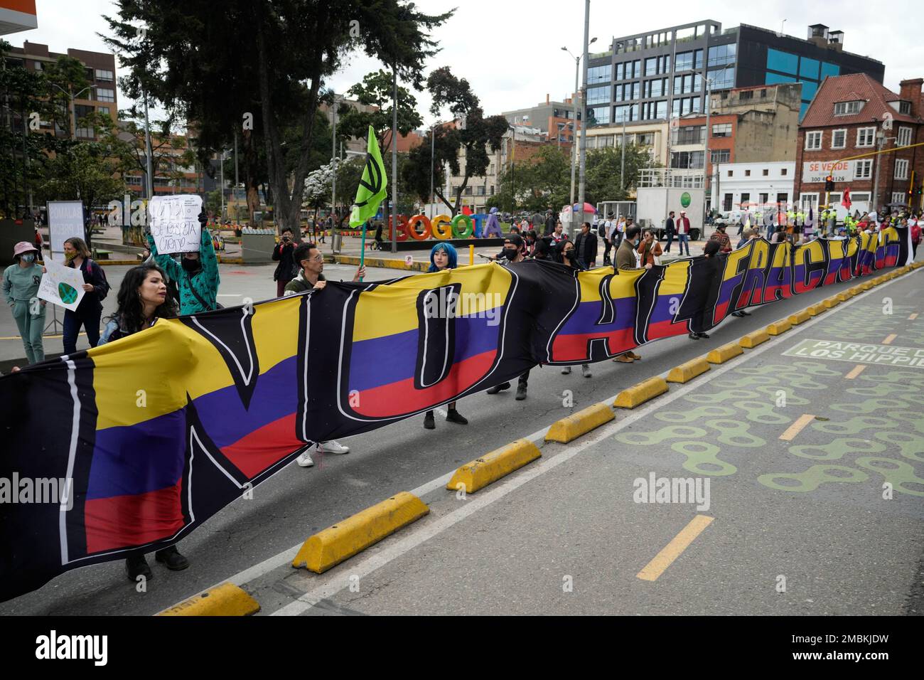 People protest fracking in Bogota, Colombia, Friday, April 22, 2022 ...