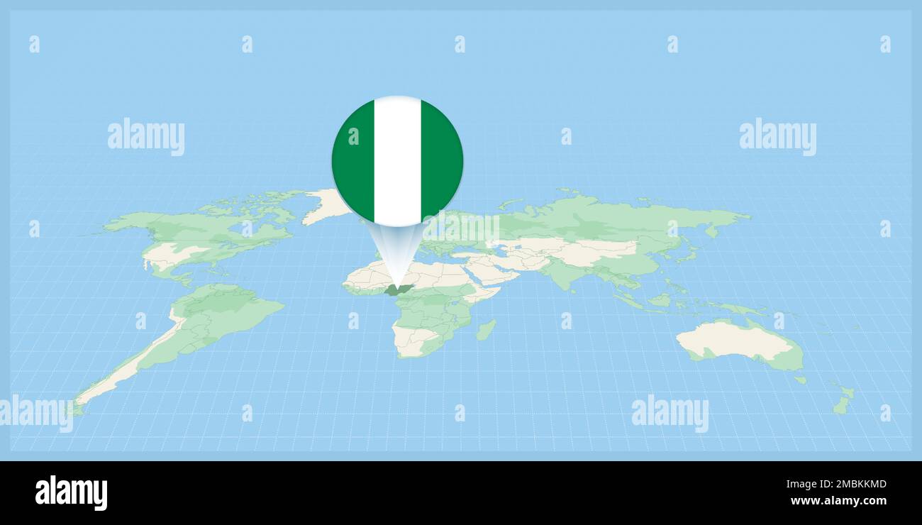 Location of Nigeria on the world map, marked with Nigeria flag pin. Cartographic vector ...