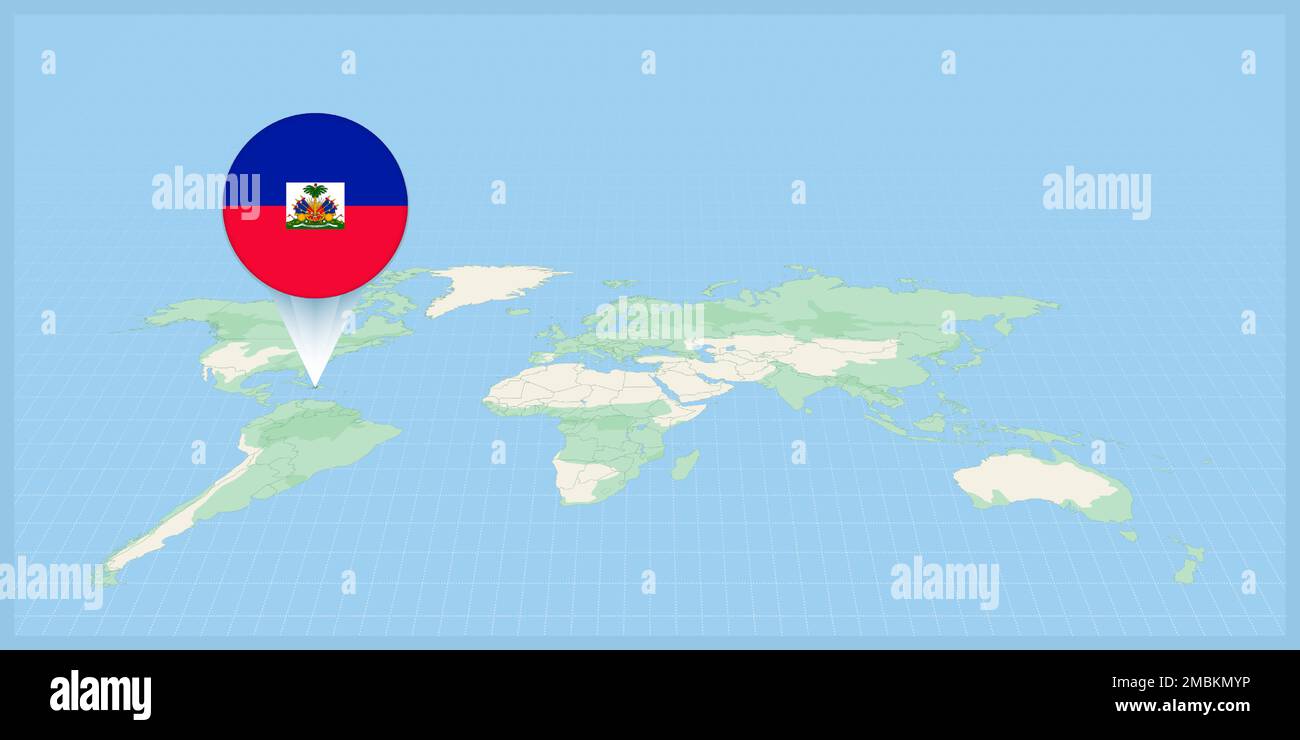 Location of Haiti on the world map, marked with Haiti flag pin. Cartographic vector illustration ...