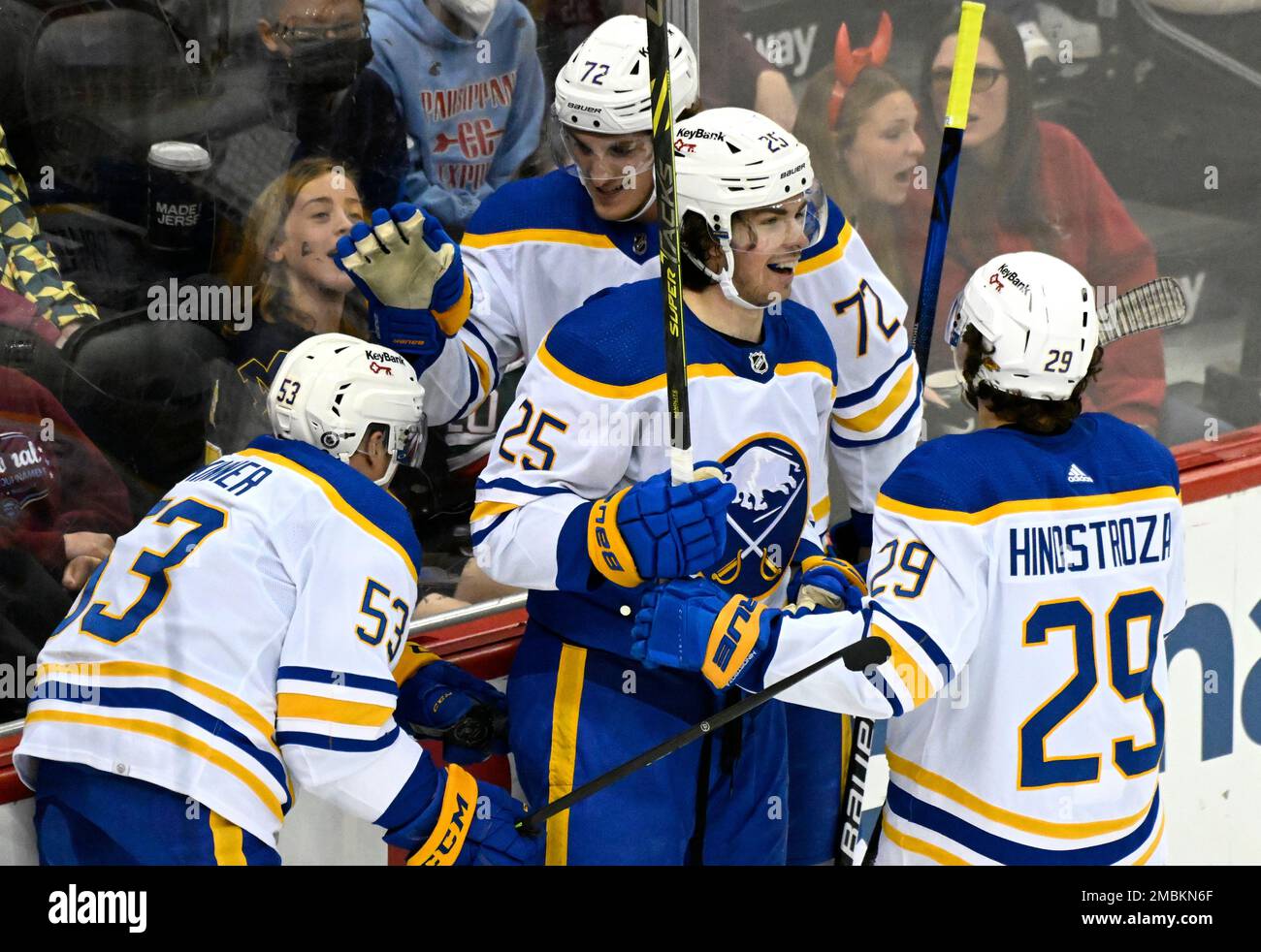 Buffalo Sabres defenseman Owen Power (25) celebrates his goal with ...