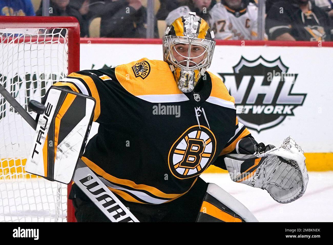 Boston Bruins goaltender Jeremy Swayman blocks a shot during the second ...