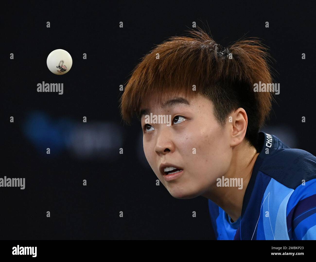 Doha, Qatar. 20th Jan, 2023. Zhang Rui serves during the women's ...