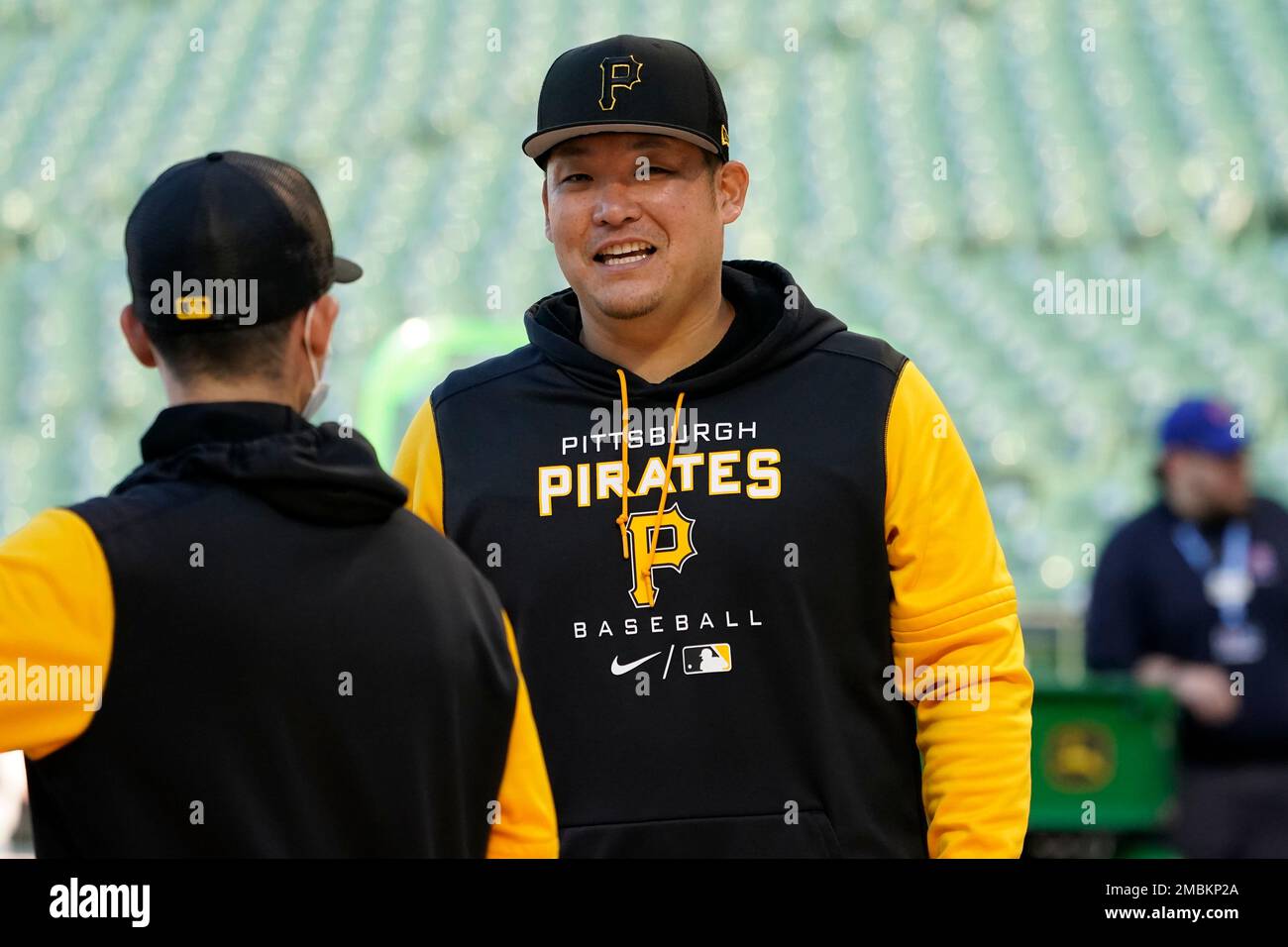 Pittsburgh Pirates first baseman Yoshi Tsutsugo smiles during batting ...
