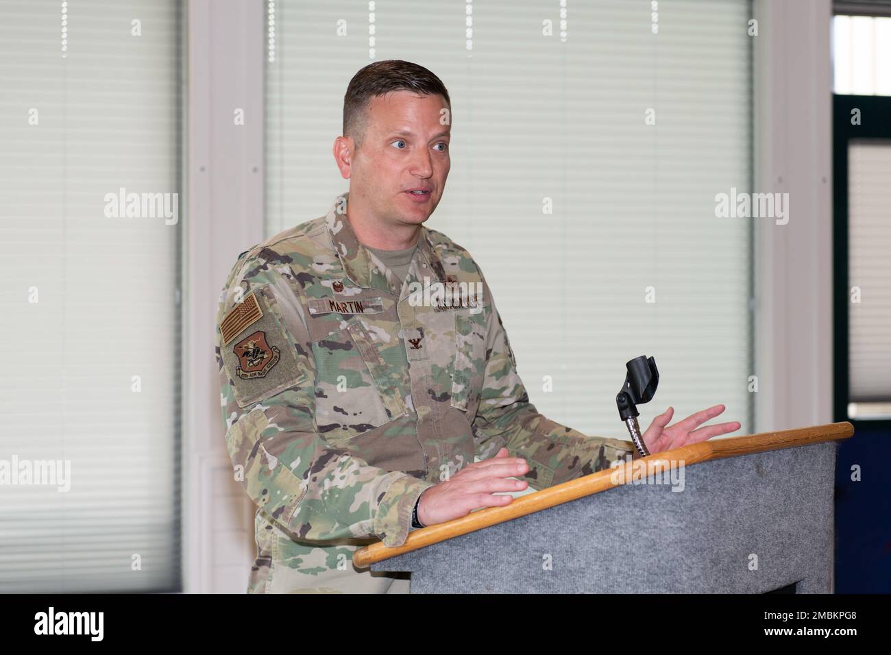 U.S. Air Force Col. Richard Martin, 423rd Air Base Group commander, speaks during a 426th Air ...