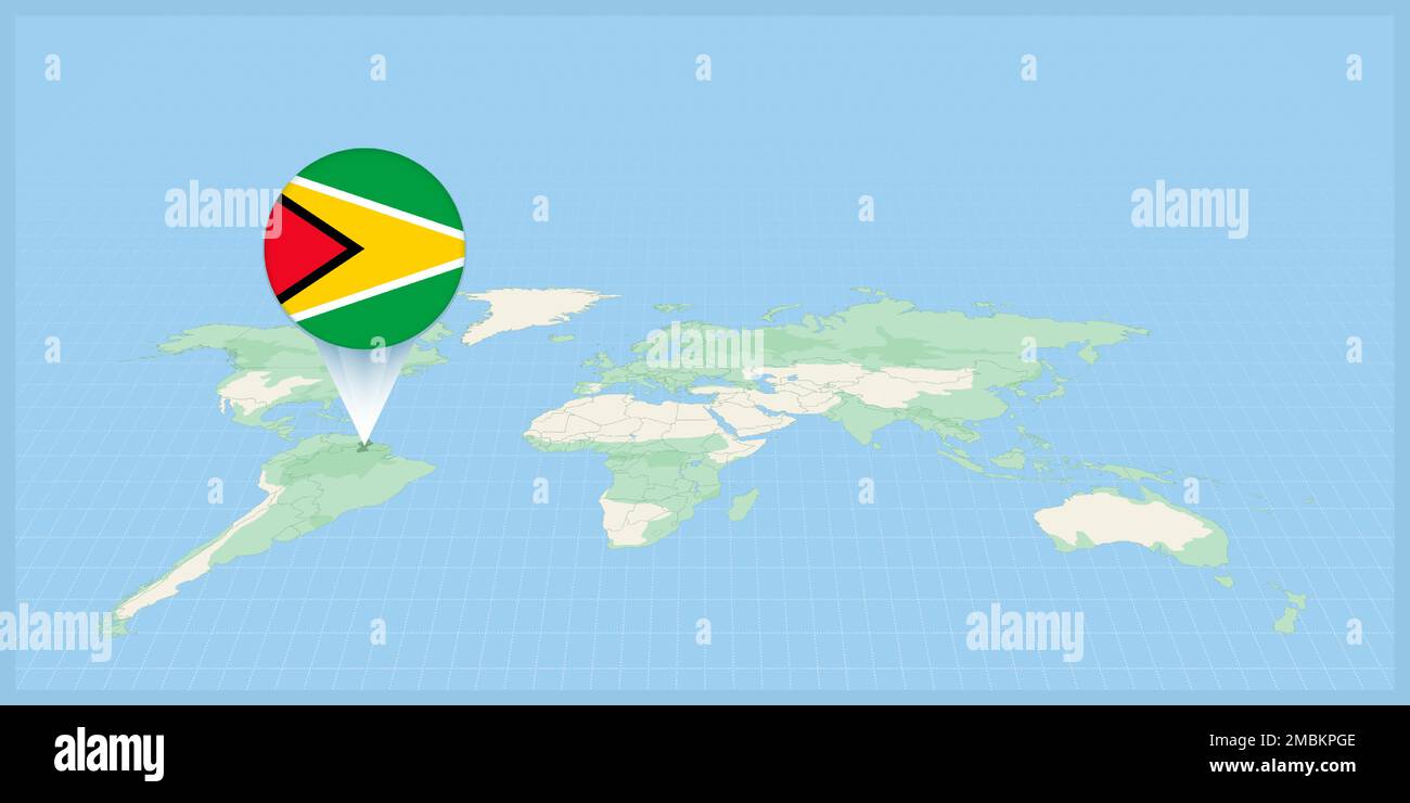 Location of Guyana on the world map, marked with Guyana flag pin. Cartographic vector ...