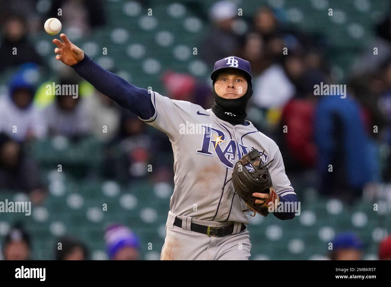 Tampa Bay Rays' Taylor Walls warms up between innings during a baseball ...