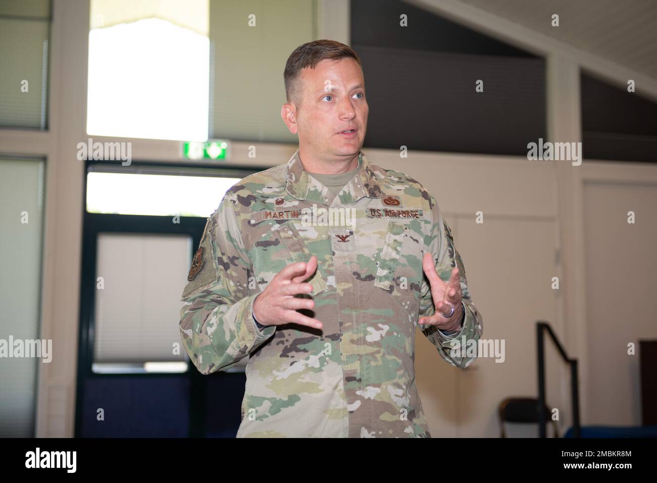 U.S. Air Force Col. Richard Martin, 423rd Air Base Group commander, speaks during a 426th Air ...
