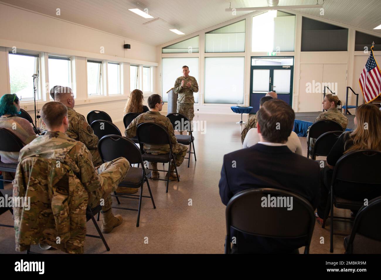 U.S. Air Force Col. Richard Martin, 423rd Air Base Group commander, speaks during a 426th Air ...