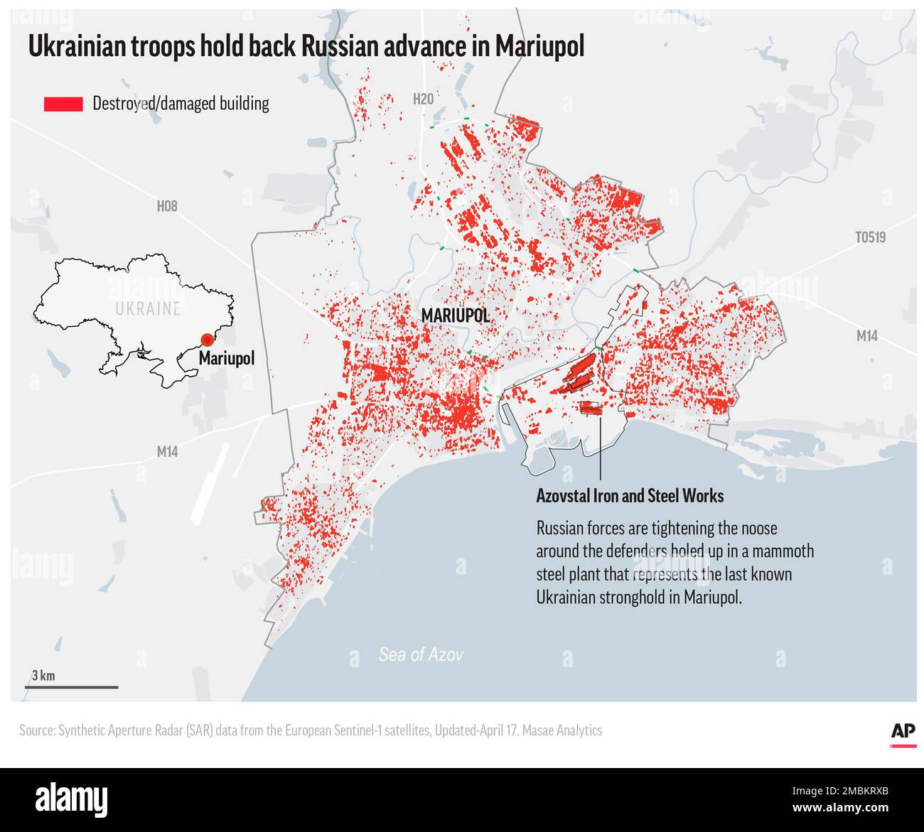 Map shows Mariupol, Ukraine and buildings destroyed or damaged. Map ...