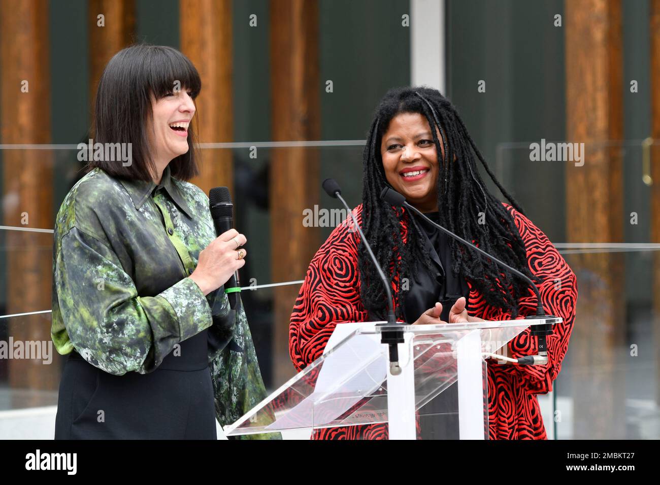 American sculptor Simone Leigh, right, and curator Eva Respini attend a ...