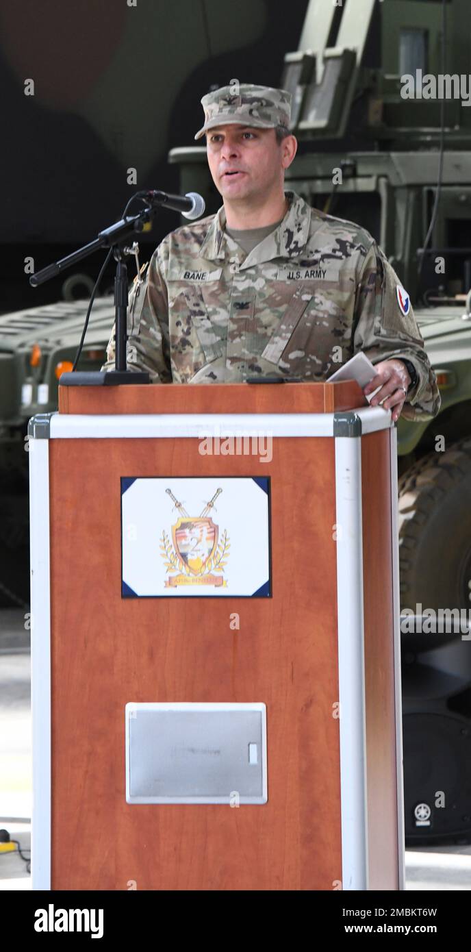 Col. Brad Bane, the 405th Army Field Support Brigade Commander, makes a ...