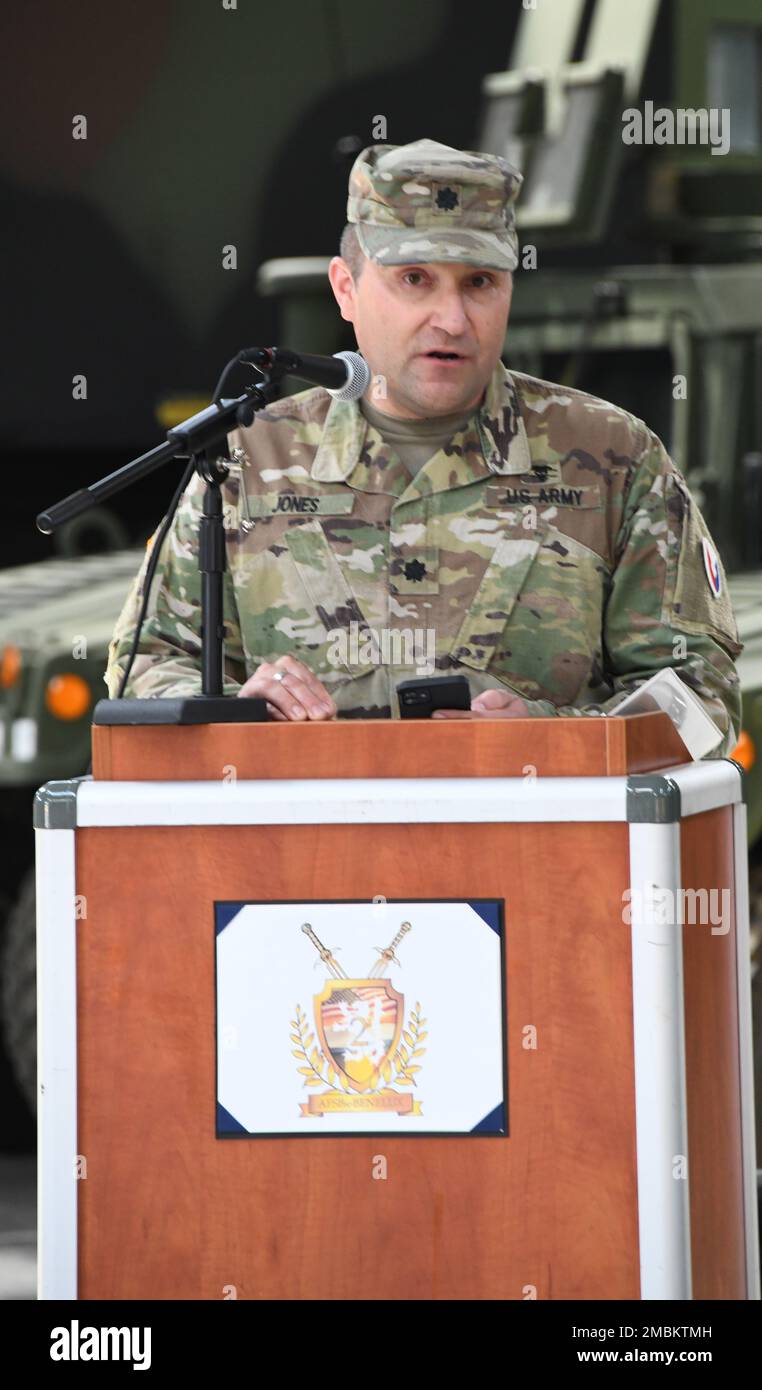 Outgoing AFSBn-Benelux Commander Lt. Col. Aaron Jones , makes a speech ...