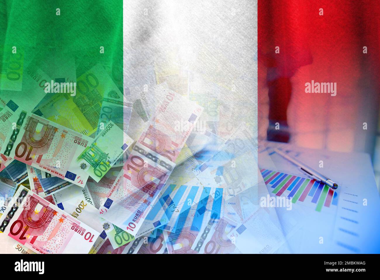 Italy flag, cash euro banknotes and stock market indicators (economy ...