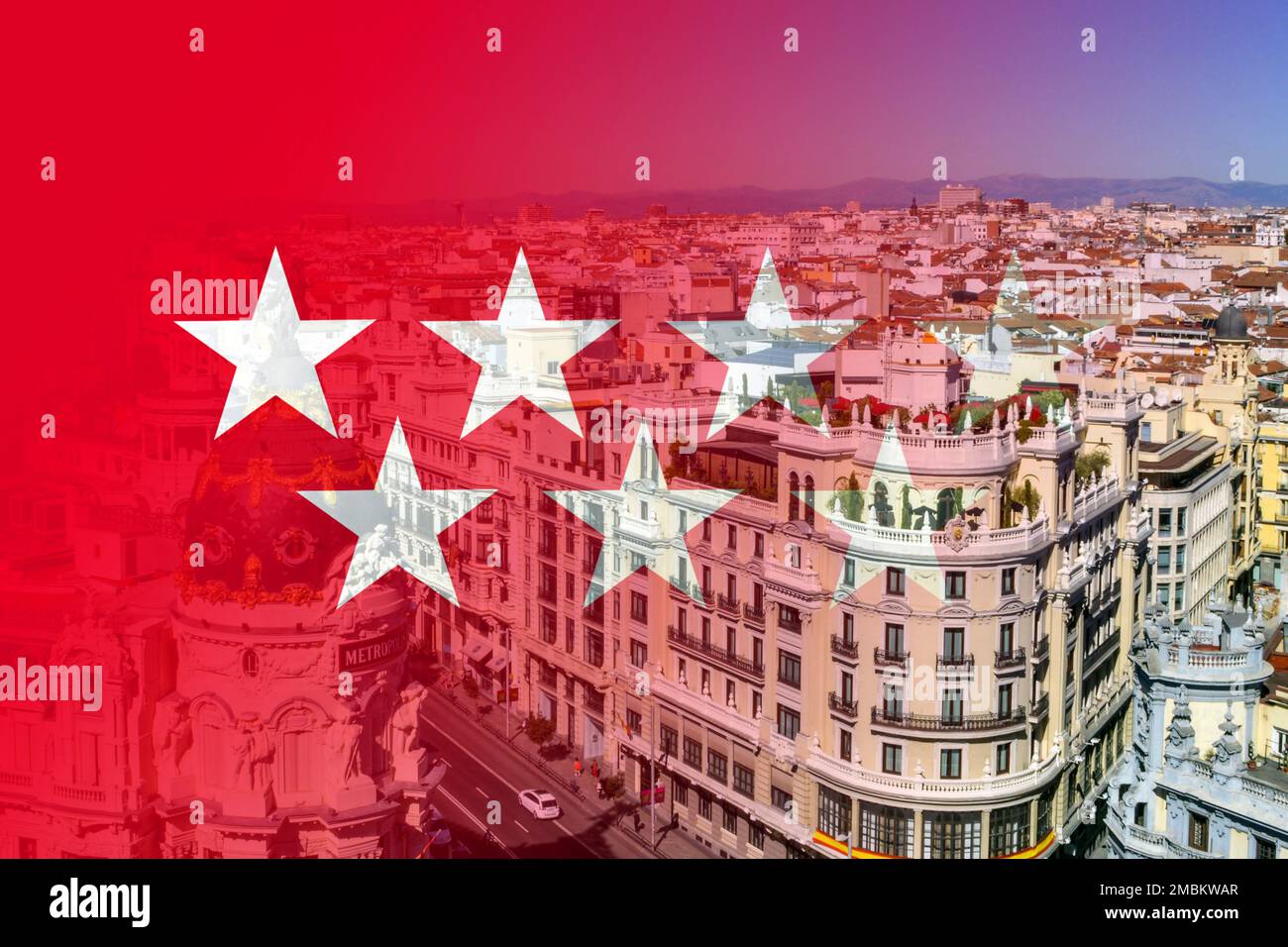 Flag of the Community of Madrid and panoramic view of the city. Madrid ...