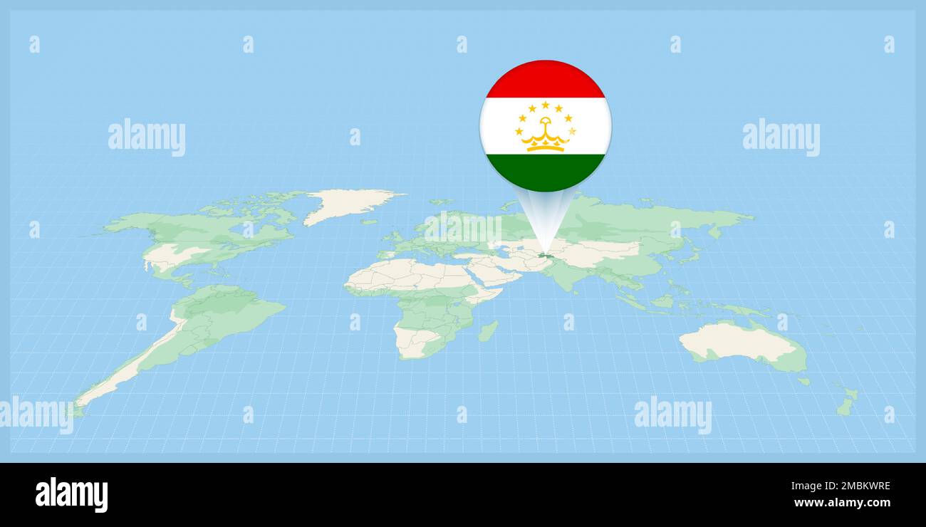 Location of Tajikistan on the world map, marked with Tajikistan flag pin. Cartographic vector ...