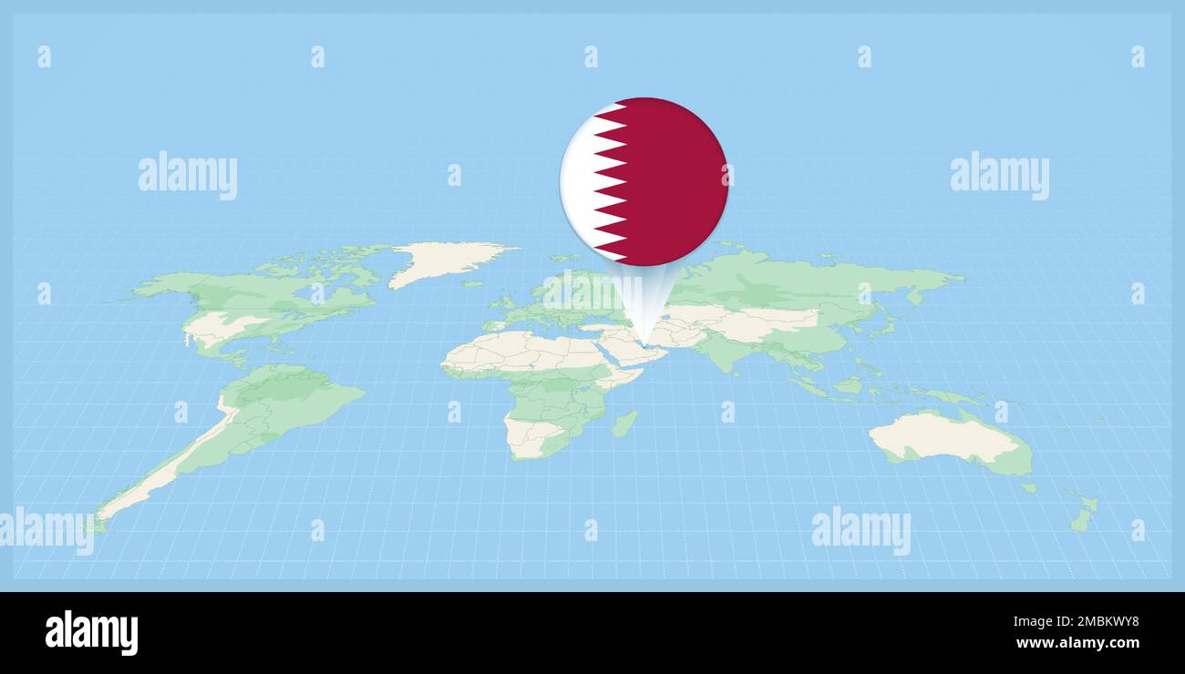 Location of Qatar on the world map, marked with Qatar flag pin. Cartographic vector illustration ...
