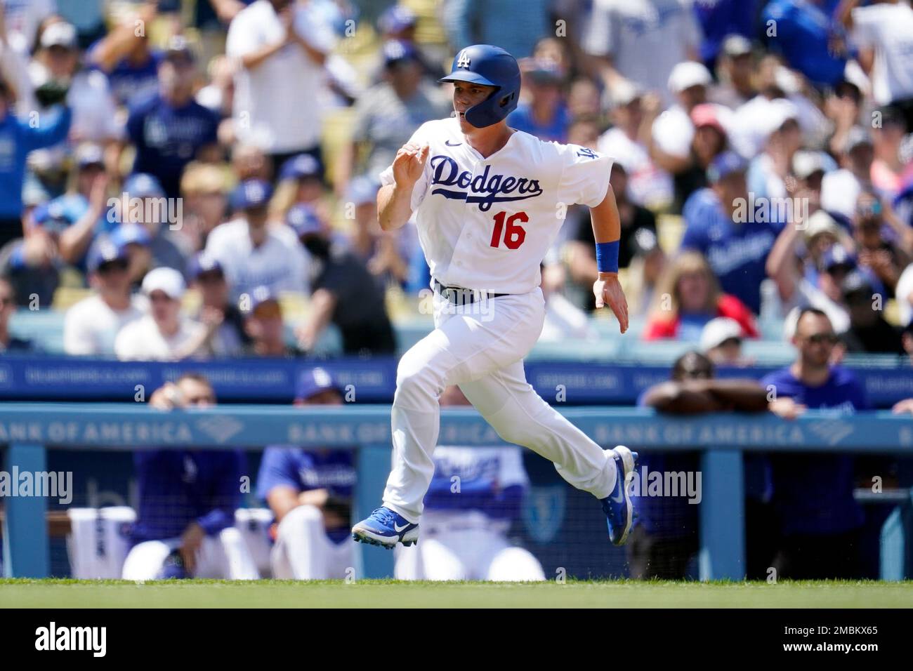 Los Angeles Dodgers' Will Smith (16) rounds third base to score on a ...