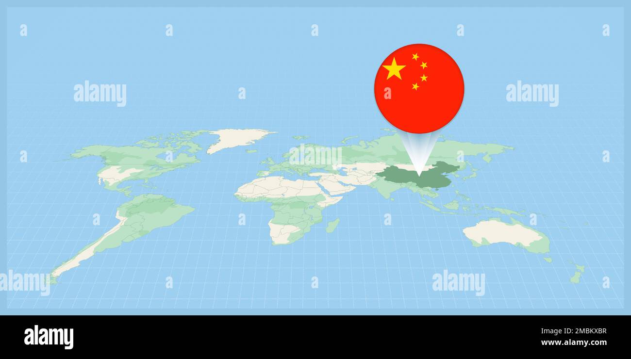 Location of China on the world map, marked with China flag pin ...
