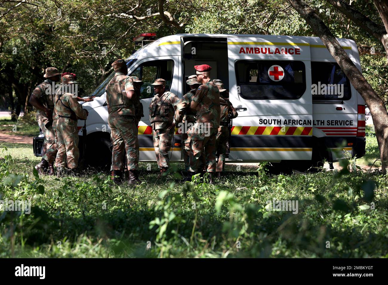 South African Military Health Services officers stationed outside the ...