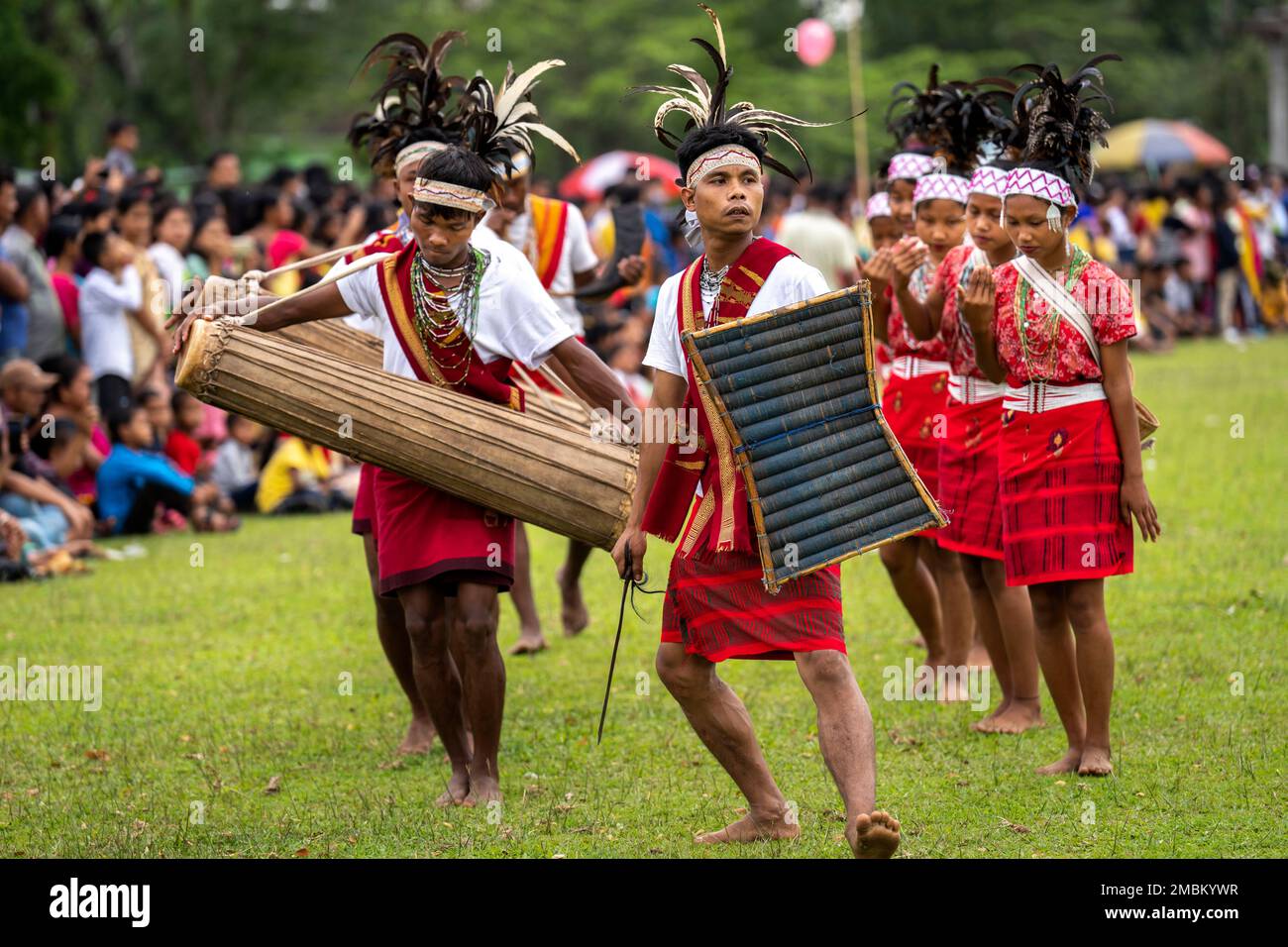 Garo tribal youth in traditional attire perform Wangla dance during ...