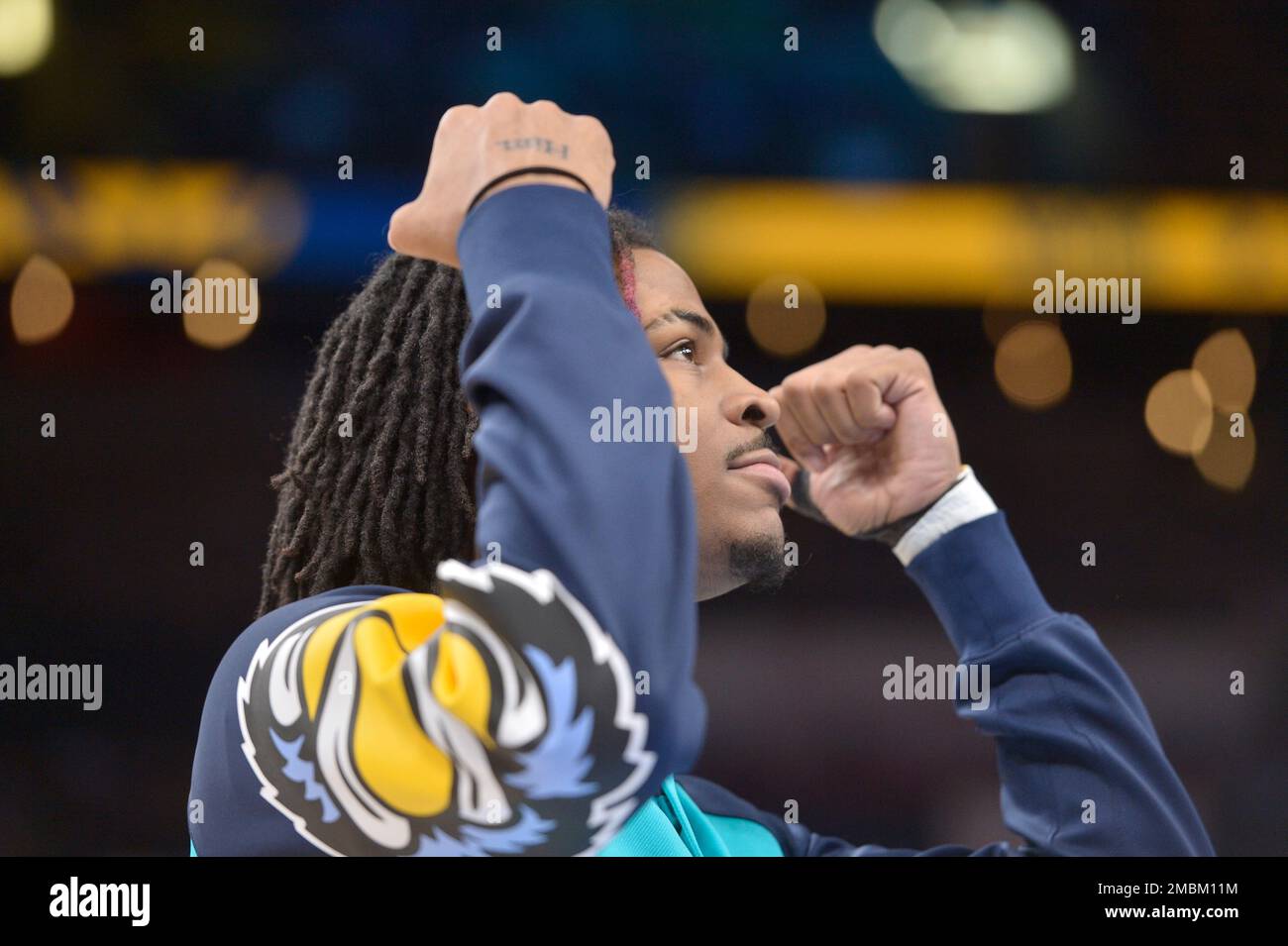 Memphis Grizzlies guard Ja Morant reacts before Game 2 of a first-round ...
