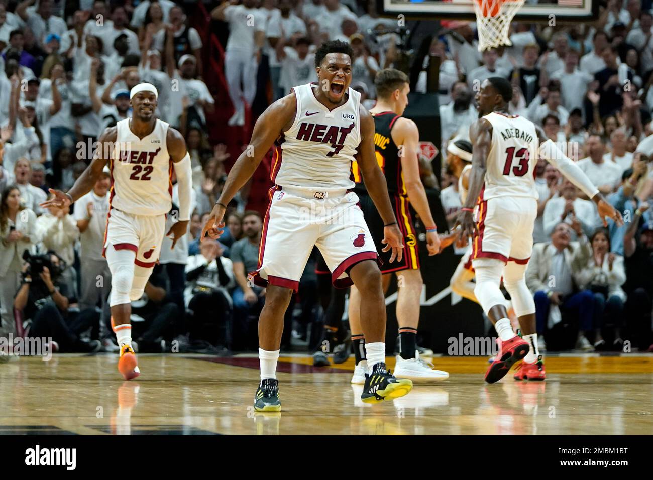 Miami Heat guard Kyle Lowry (7) reacts after a score by Jimmy Butler during the second half of ...