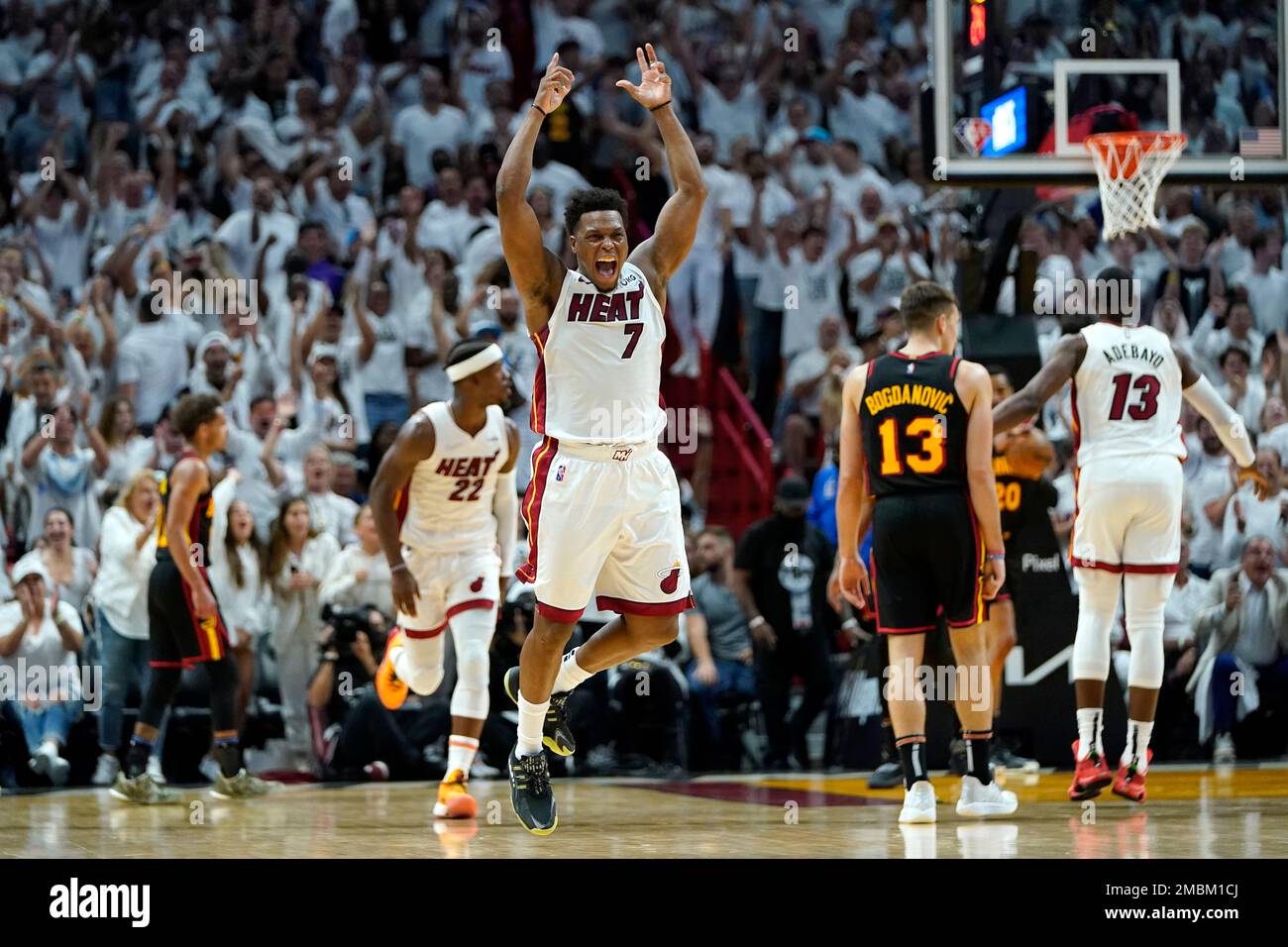 Miami Heat guard Kyle Lowry (7) reacts after a score by Jimmy Butler ...