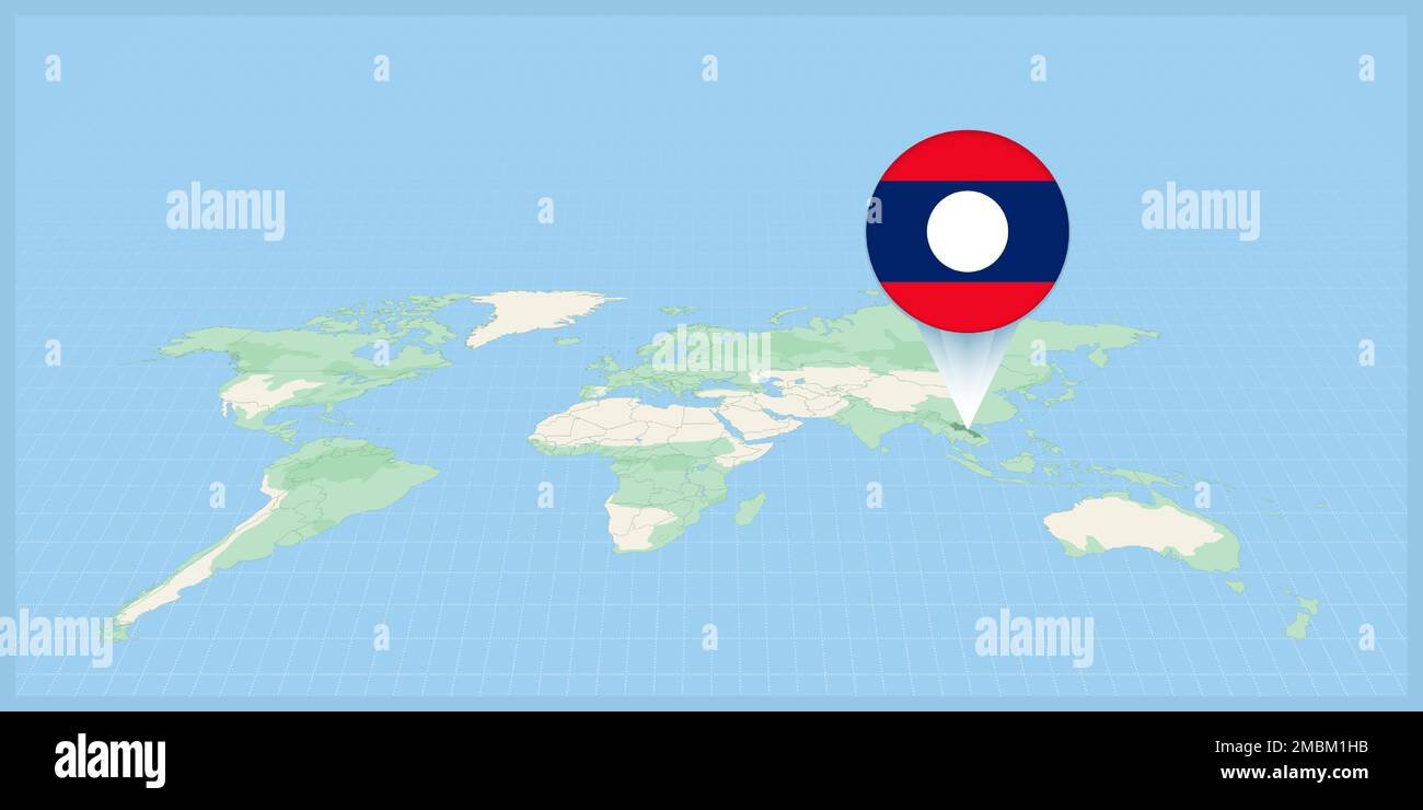 Location of Laos on the world map, marked with Laos flag pin. Cartographic vector illustration ...