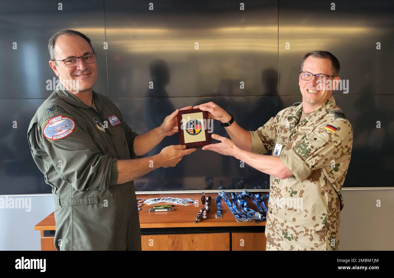 Oberstleutnant Heiko Radermacher, a German Air Force officer, presents ...