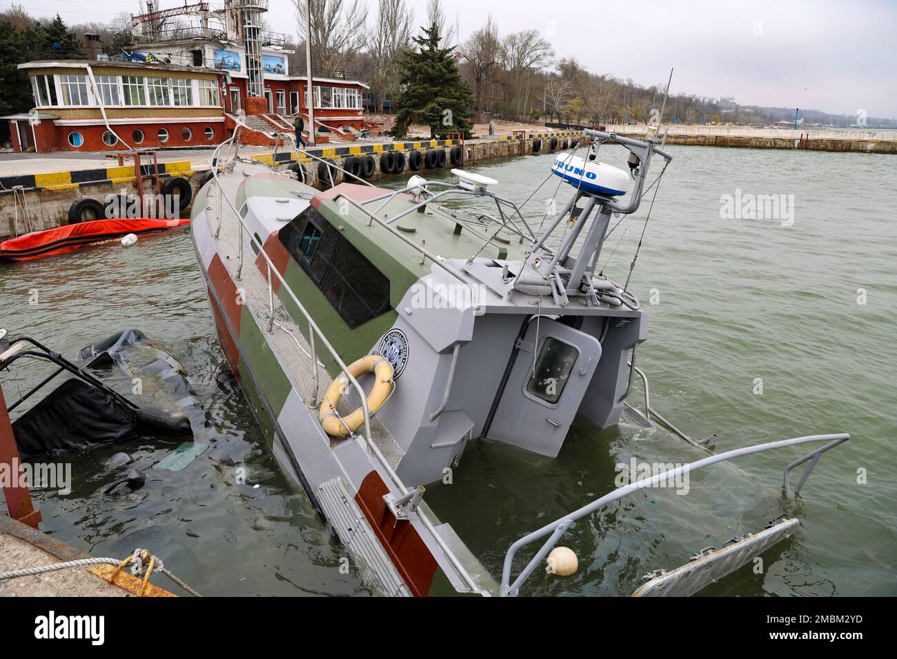 A damaged boat of the Ukrainian Coast Guard of the Sea of Azov is seen ...