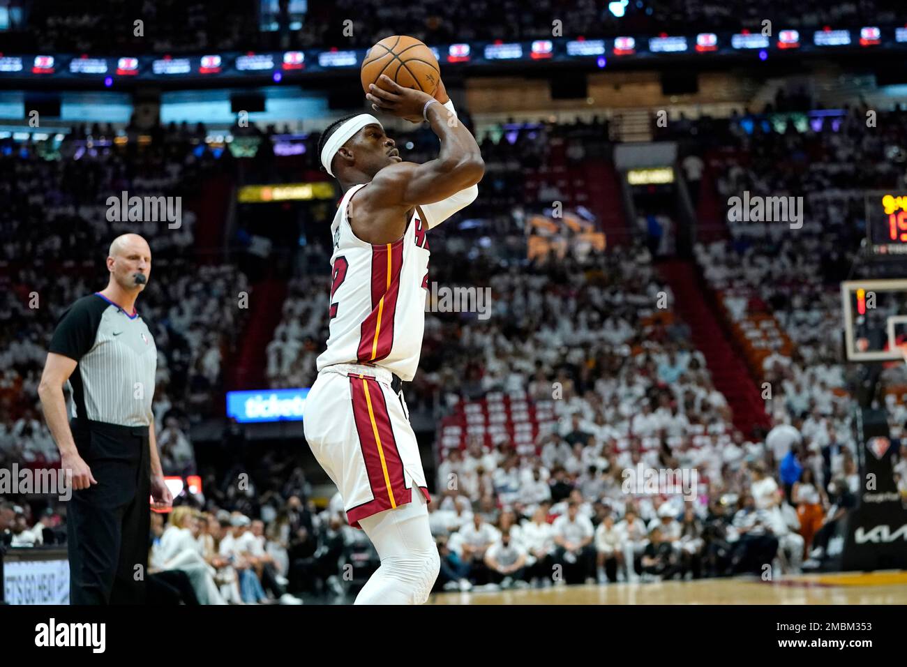Miami Heat forward Jimmy Butler shoots during the first half of Game 1 of an NBA basketball ...
